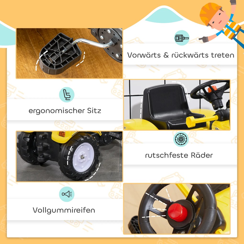 HOMCOM Sedací bagr s úložným prostorem, jezdící bagr s lopatou, šlapací traktor, smykem řízený bagr na písek, dětský bagr, smykem řízený bagr, bagr s…
