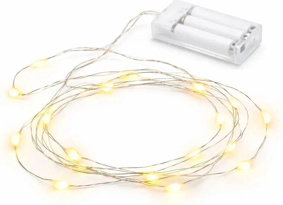 LED světýlka na baterie, kapičky, 2 m, teple bílá, 20 diod, drátek, IP20 interiér, 3 × AA