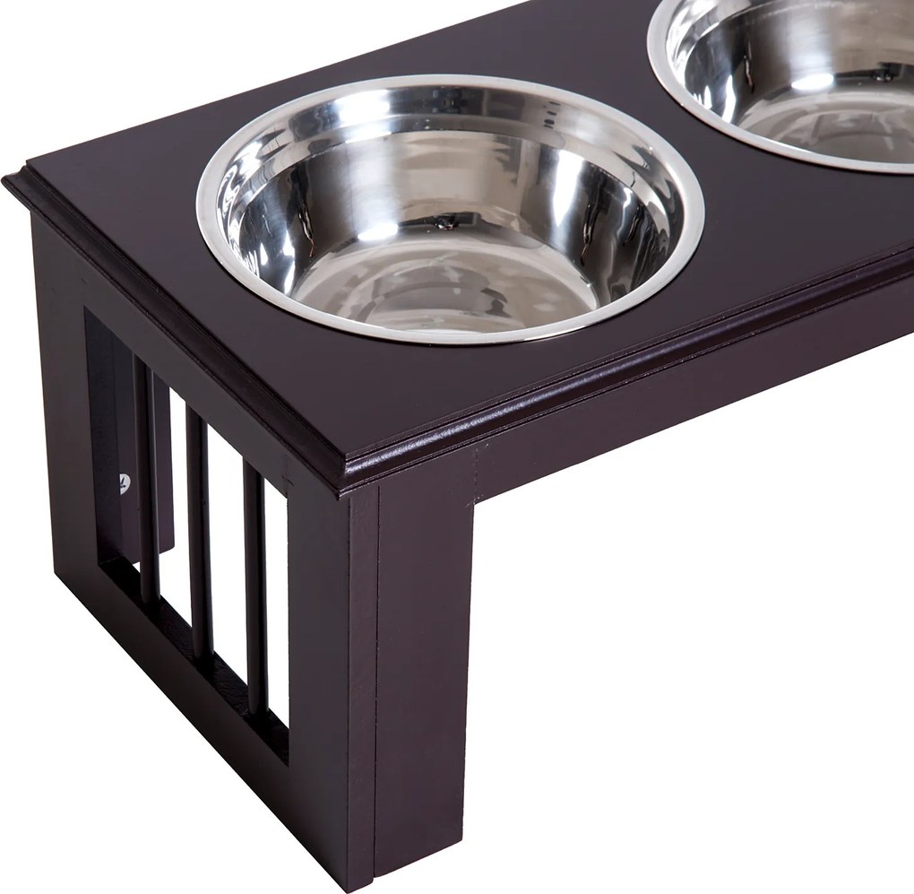 PawHut Vyvýšená miska pro psy s nerezovými miskami, miska na krmivo z MDF v barvě kávy, 58,4 x 30,5 x 25,4 cm, ideální pro domácí zvířata