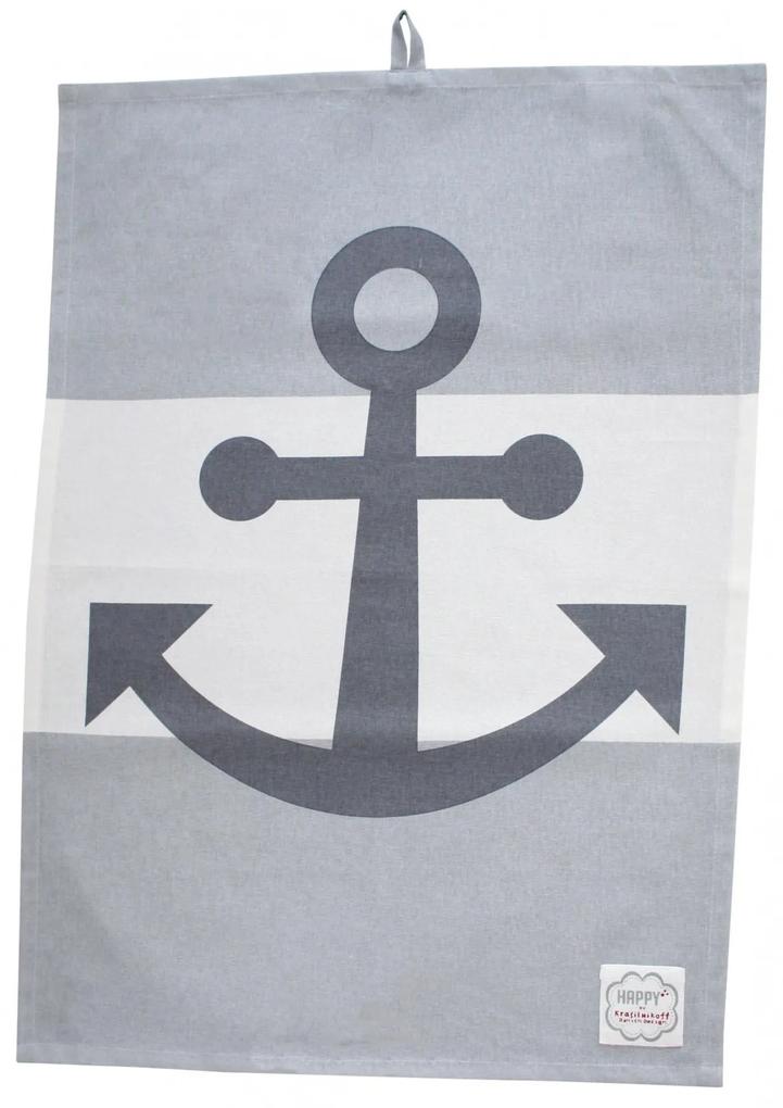 Krasilnikoff Utěrka Grey Anchor, šedá barva, bílá barva, textil