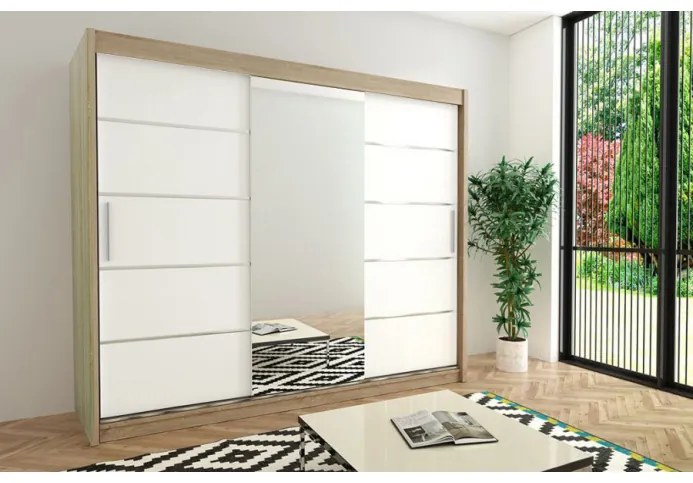 Velká zrcadlová šatní skříň s posuvnými dveřmi 250 v barvě dub sonoma-bílá
