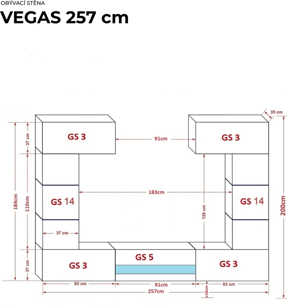 Ral Obývací stěna VEGAS 2, 257 cm - Černý lesk