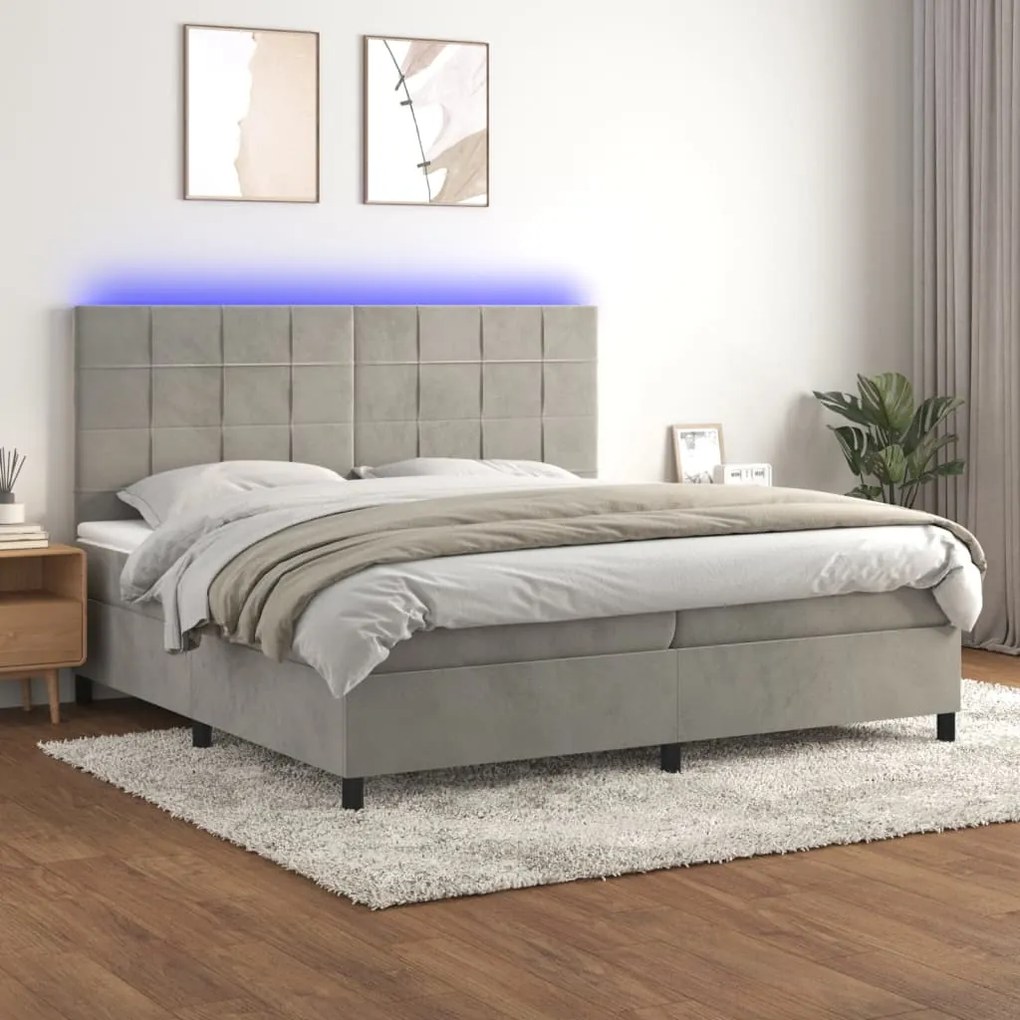 Box spring postel s matrací a LED světle šedá 200x200 cm samet