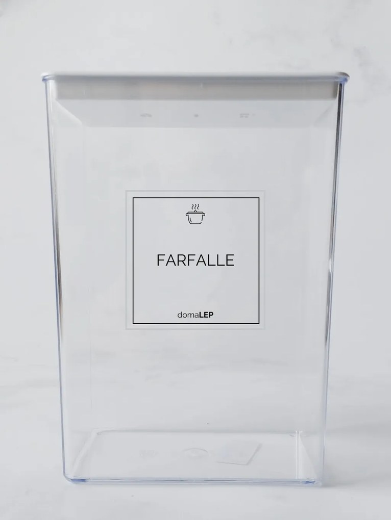 FARFALLE  – průhledná samolepka na dózu, základní písmo, 5 x 5 cm | DomaLEP