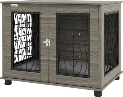 PawHut psí box s ležícím polštářem, do 20 kg / délka těla 50 cm, kov, 80x56x63 cm, šedá / dekor dřeva