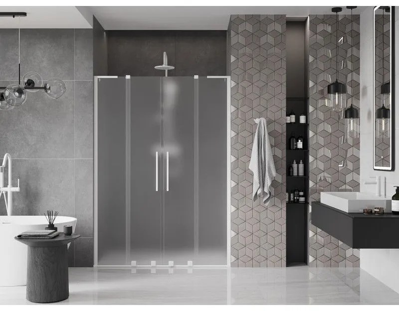 Mexen Velar L Duo, posuvné sprchové dveře do otvoru 160 cm, 8mm sklo námraza, bílá matná, 871-160-003-32-20