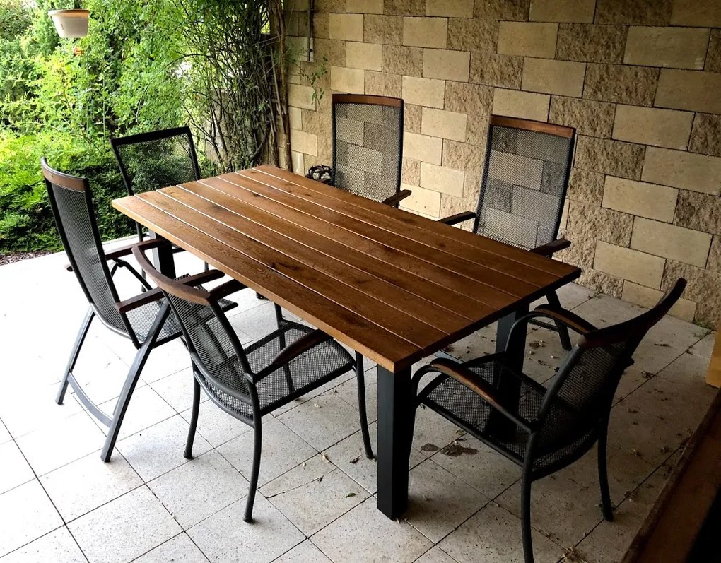 KULHÁNEK Zahradní stůl s kovovými nohami Odstín nátěru: lazura - dub, Velikost desky: 190x80 cm, Odstín podnože: bílá - RAL 9010