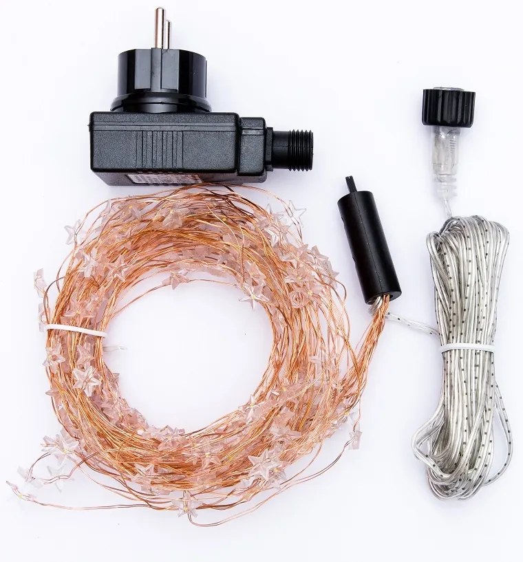 LED světelný řetěz, hvězdičky, 12 pramenů × 1,5 m, venkovní, teple bílá, 180 diod, měděný kabel, IP44, vč. zdroje