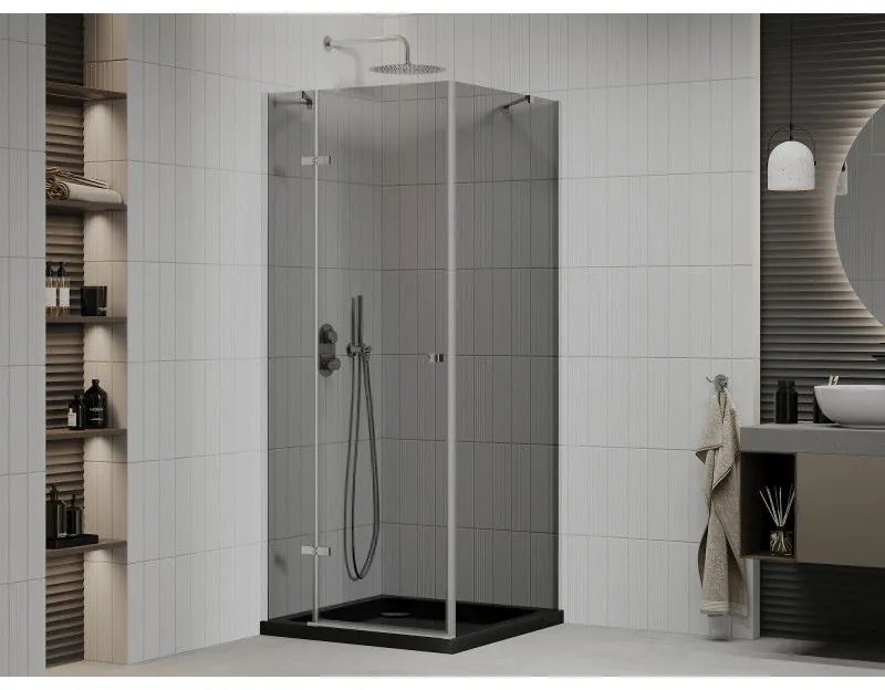 Mexen Roma, sprchový kout s křídlovými dveřmi 80 (dveře) x 80 (stěna) cm, 6mm šedé sklo, chromový profil + slim sprchová vanička černá + chromový sifon, 854-080-080-01-40-4070