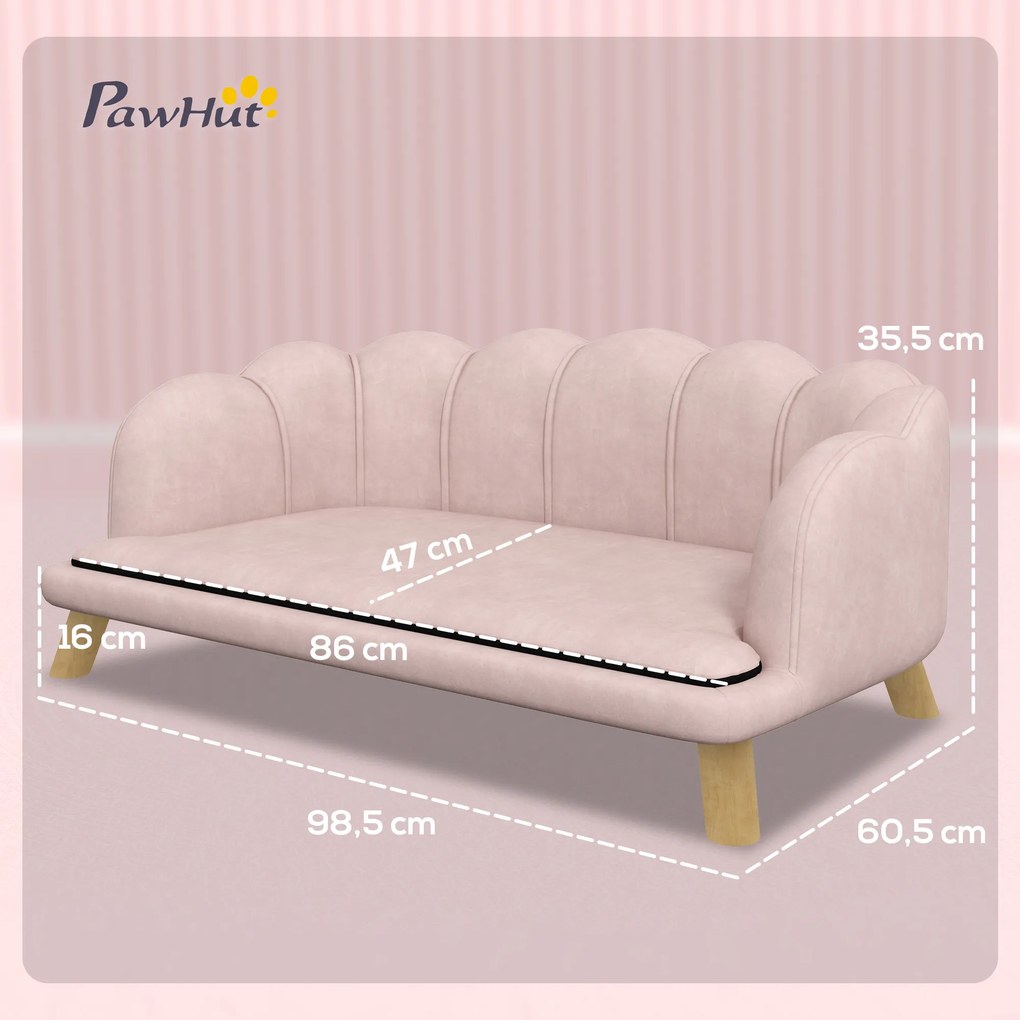 PawHut Psí Pohovka, Pratelný Potah, Psí Sofa s Opěrkou a Dřevěnými Nohami, Kočičí Pohovka, pro středně velké psy do 25 kg, Růžová