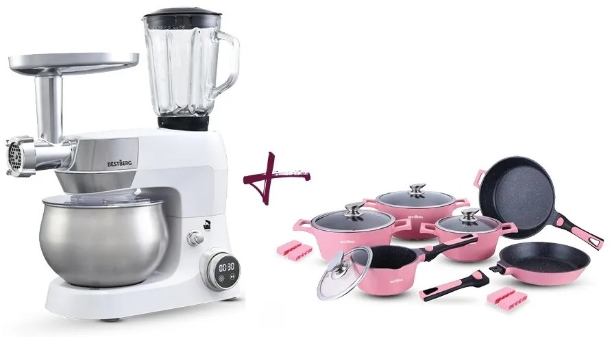 MEGAKOMBO Multifunkční kuchyňský robot BestBerg BBR-1900P + 14dílná sada nádobí s mramorovým povrchem BestBerg BBN-1014P / růžová