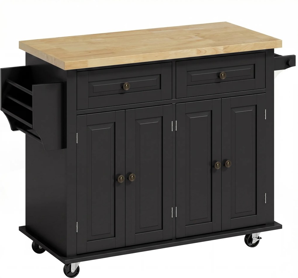HOMCOM kuchyňský ostrov na kolečkách, kuchyňský příborník s policí na koření a boční lištou, 111 x 44,5 x 82,5 cm, černý