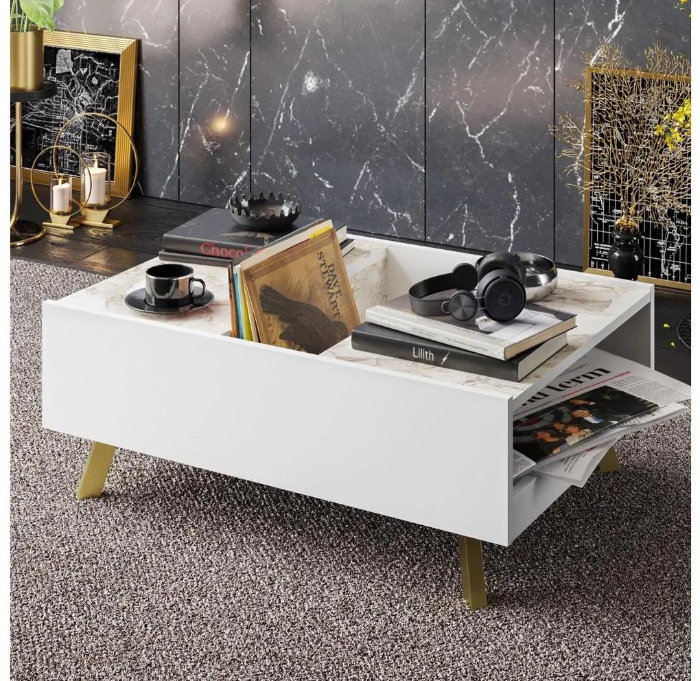 Asir | Konferenční stolek FRIDA 63x90 cm bílá/zlatá | AS1330