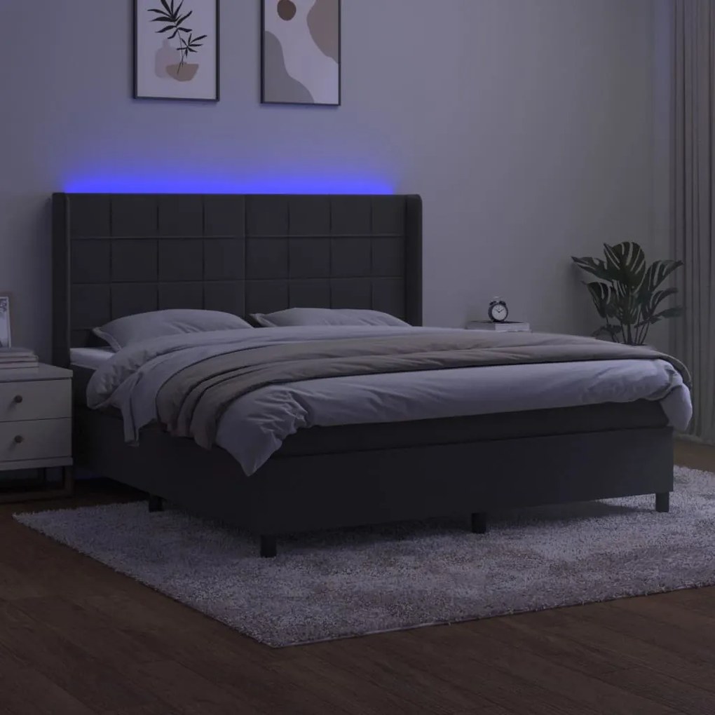 Box spring postel s matrací a LED tmavě šedá 160x200 cm samet 3139572