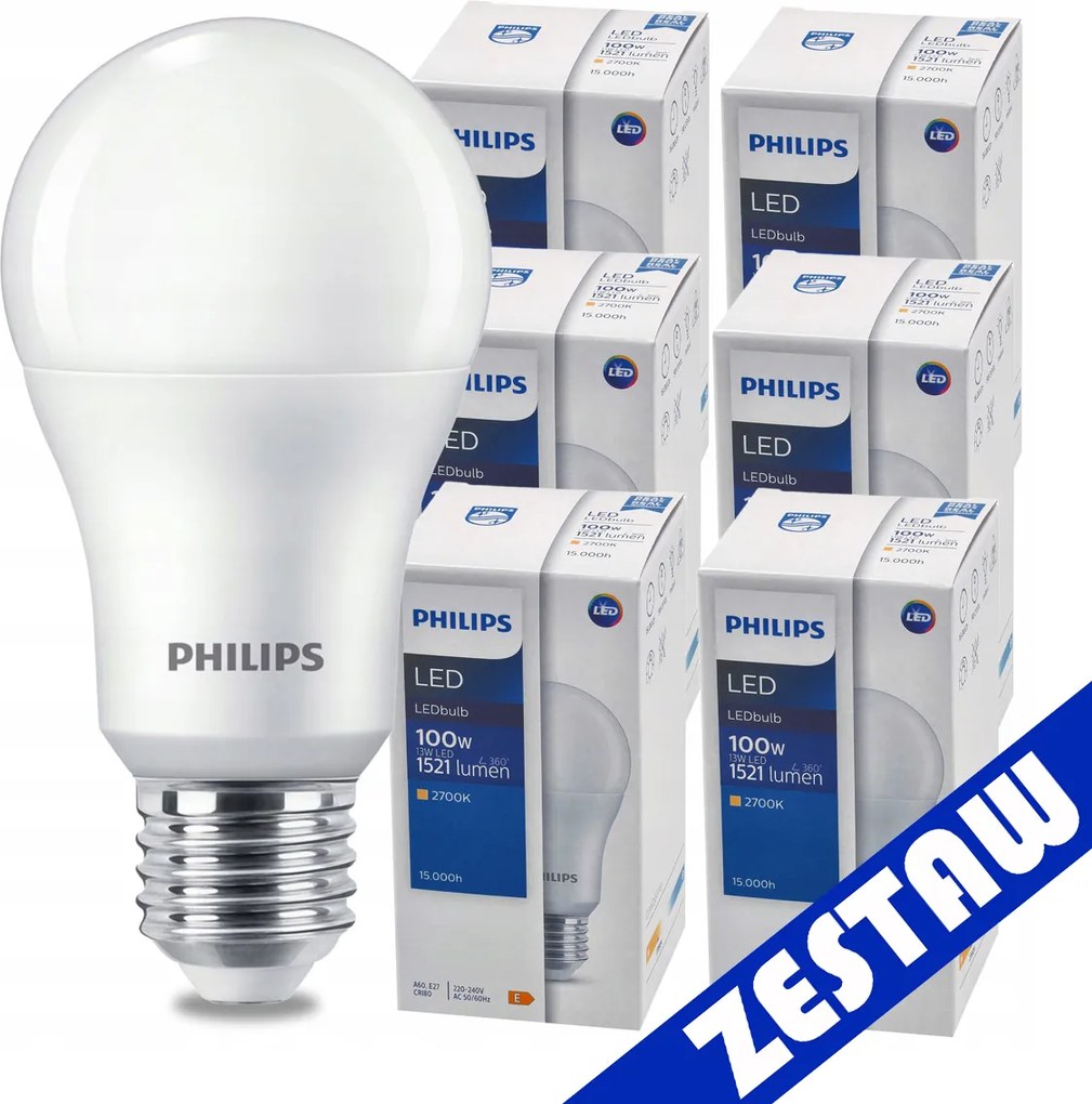 SADA 6 LED žárovek E27 13W = 100W PHILIPS 1521lm Teplá bílá 2700k LED žárovka A60