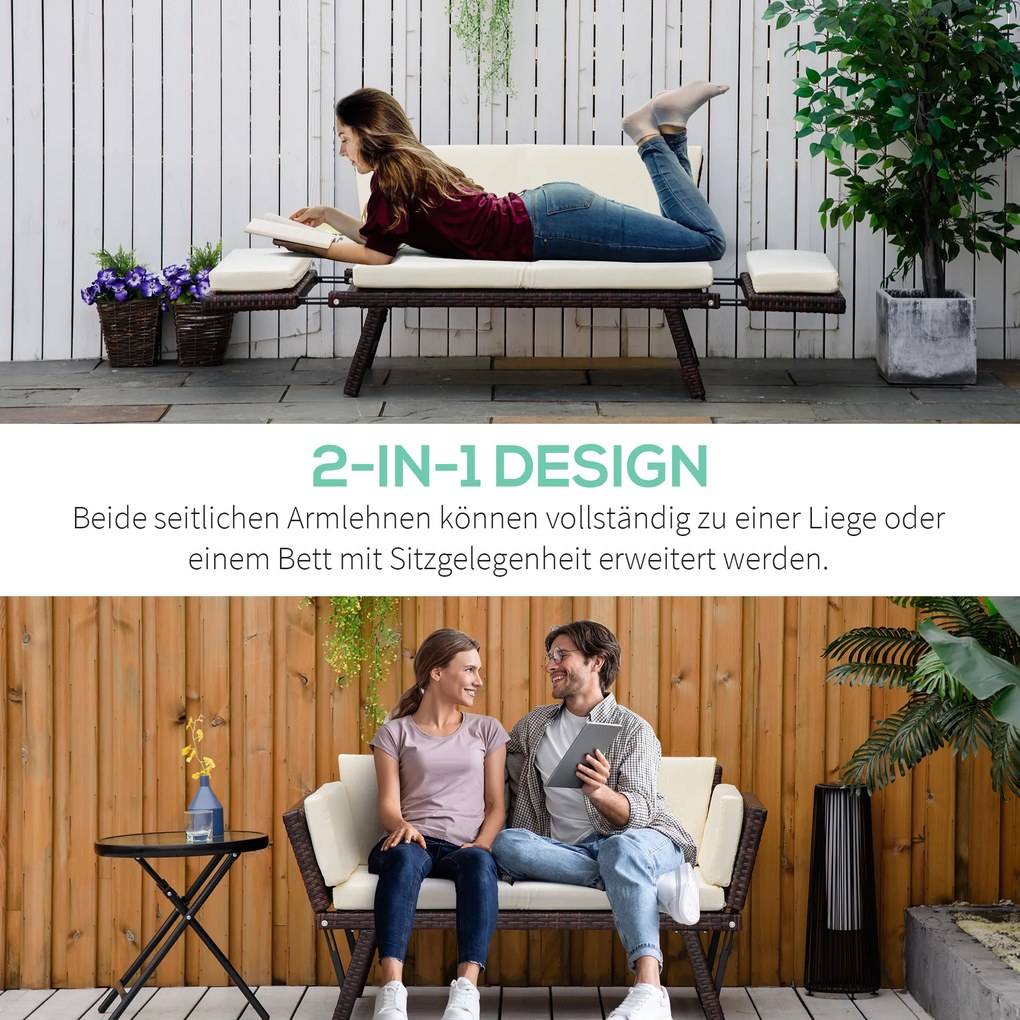 Outsunny polyratanová zahradní pohovka 2místná rozkládací zahradní nábytek lounge pohovka s područkami ocelová hnědá 129x63x67 cm na terasu a balkon …