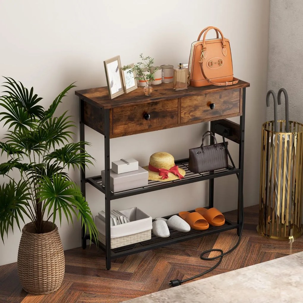 Costway Stolní nabíjecí stanice Entryway se 2 zásuvkami a 2 kovovými mřížkovými