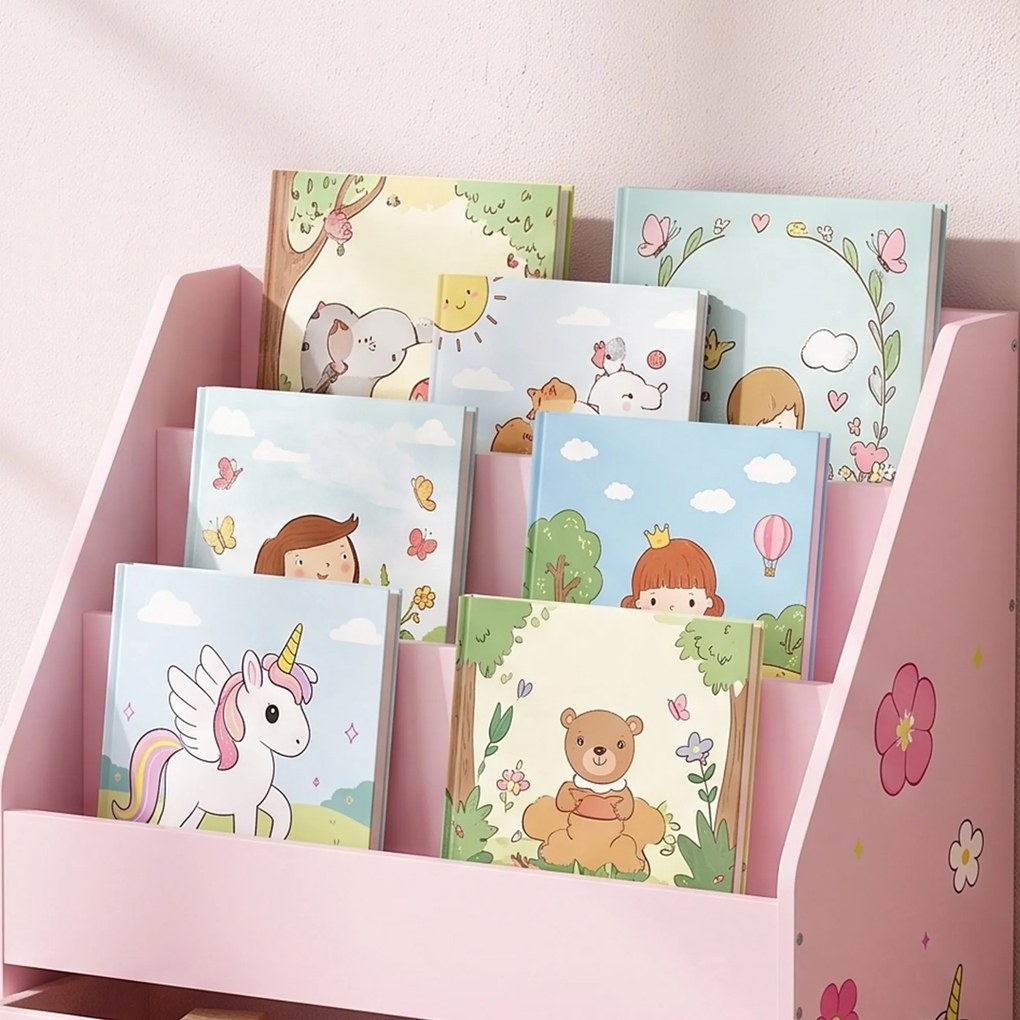 AIYAPLAY Montessori knihovna pro děti se zásuvkou, 3 patra, růžová