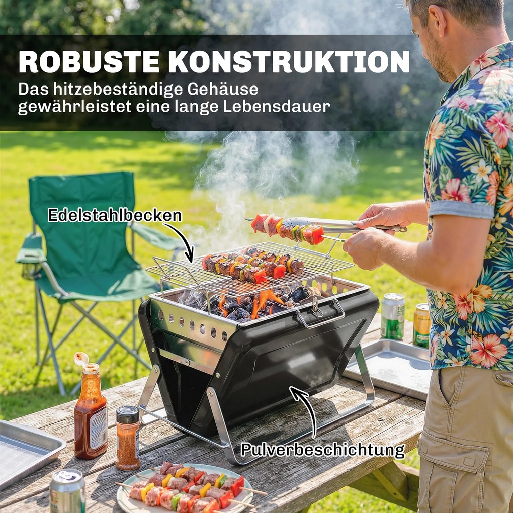 Gril na dřevěné uhlí z nerezové oceli BBQ udírna s grilovacím roštem rukojeť skládací nohy pro grilování kempování 40x28x25,5cm černá