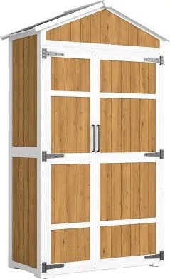 Outsunny zahradní skříň Nepromokavá venkovní skříň s kovovou střechou, dvoukřídlé dveře pro zahradní nářadí 105x55x179 cm, přírodní