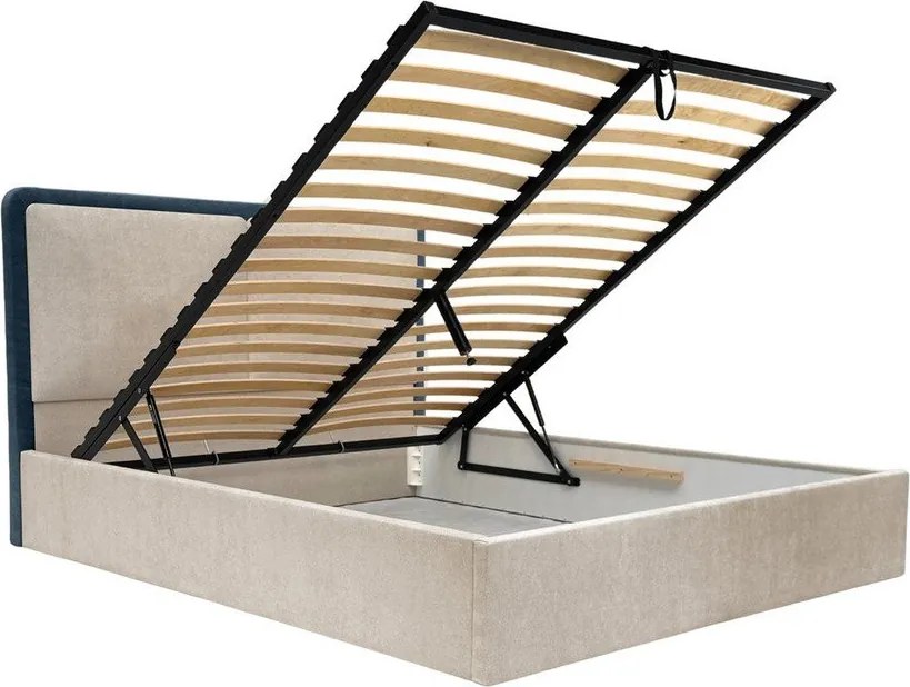 Modrá/béžová čalouněná dvoulůžková postel s úložným prostorem s roštem 160x200 cm Mara – Bobochic Paris