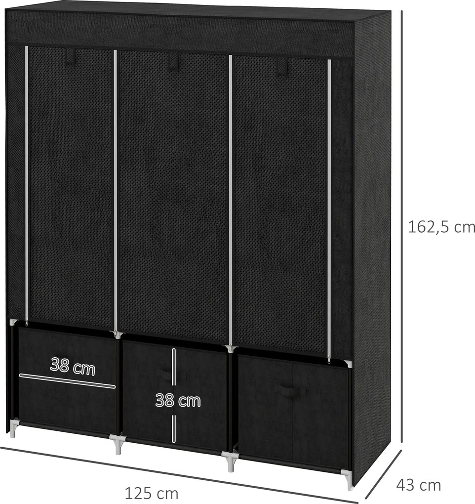 HOMCOM Textilní Skříň s Oblečovým Rálem, Zásuvkami a Zipem, Skládací Skříň pro Ložnici a Šatnu, 125 x 43 x 162,5 cm, Černá