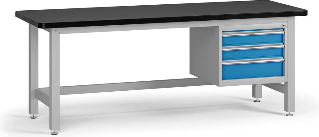 Profesionální dílenský stůl G4, 3 zásuvky, deska MDF + PVC, 2100 x 750 x 800 mm, modrá