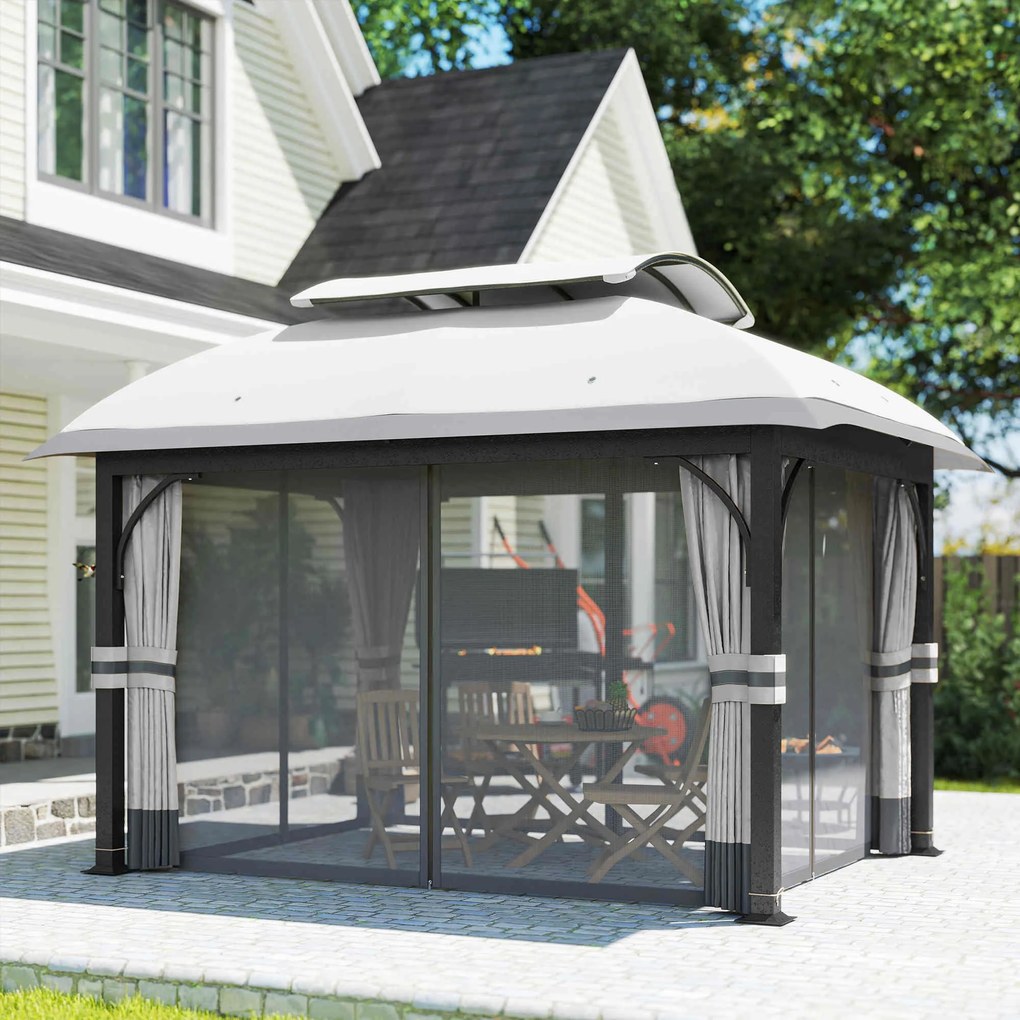 Gartenpavillon, 3,3 x 4 m Gartenzelt mit Netz-Vorhängen, zweistufiges Dach, Kunstleder-Bezug, Metallrahmen, Hellgrau