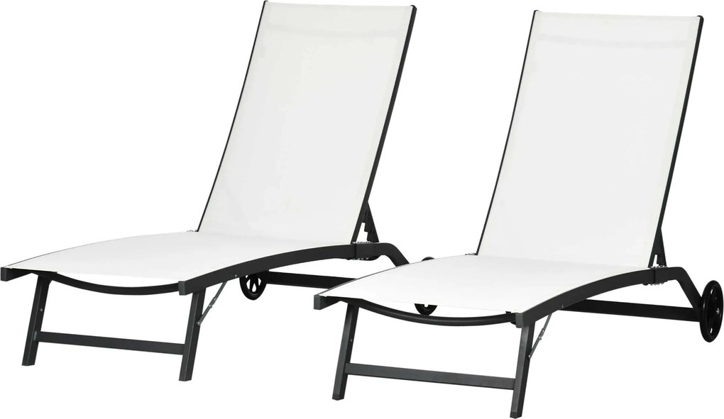 Outsunny Sada 2 Zahradních Lehátků s Polohovatelným Hliníkovým Rámem a Kolečky na Pláž a Bazén 165x66x102 cm Matt Bílá | Aosom
