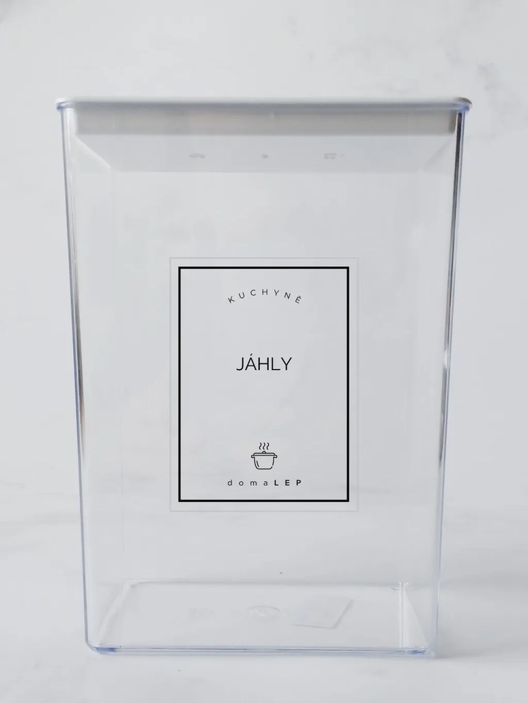 JÁHLY – průhledná samolepka na dózu, základní písmo, 6 × 8 cm | DomaLEP