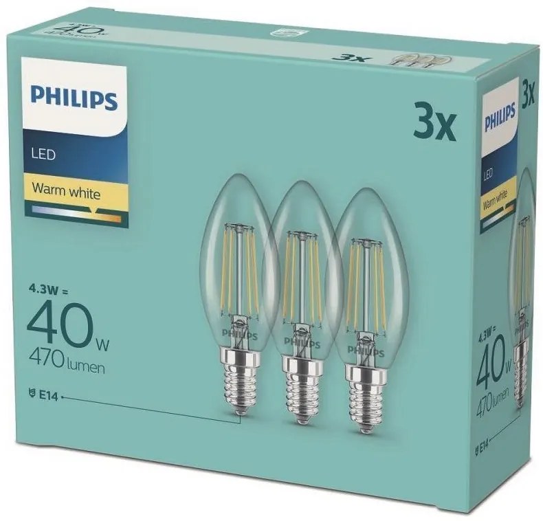 Led žárovka philips led classic 4.3-40w, e14 2700k, 3ks