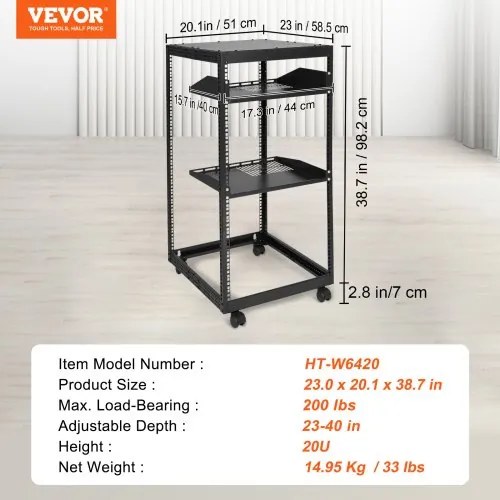 20U serverový stojan s otevřeným rámem, 38,1–101,6 cm