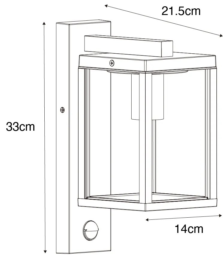 Venkovní nástěnná lampa černá s žebrovaným sklem a senzorem pohybu - Charlois
