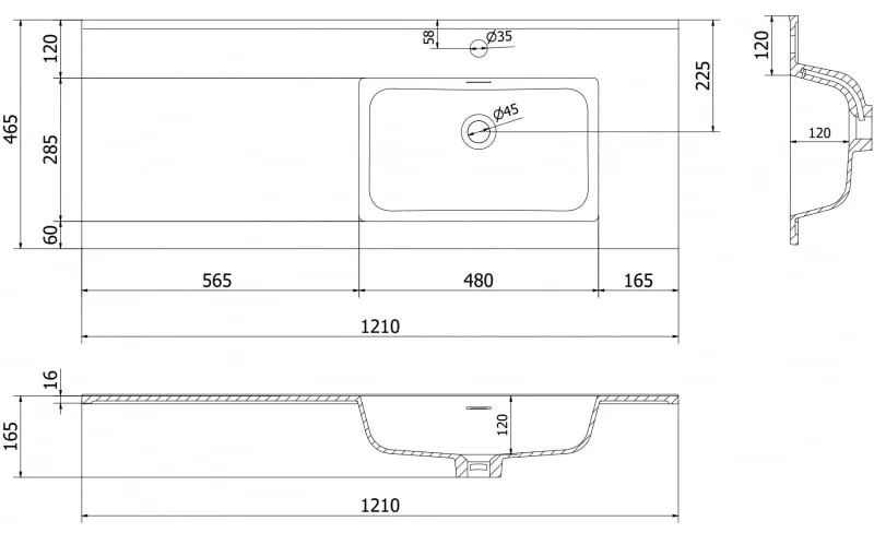 Mexen Otis, umyvadlo na zapuštění 121 x 46,5 cm, pravé, černá matná, 25181271P