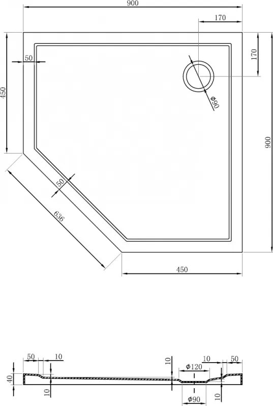 Mexen Flow Slim, pětiúhelníková sprchová vanička 90 x 90 cm, bílá lesklá, 46P109090