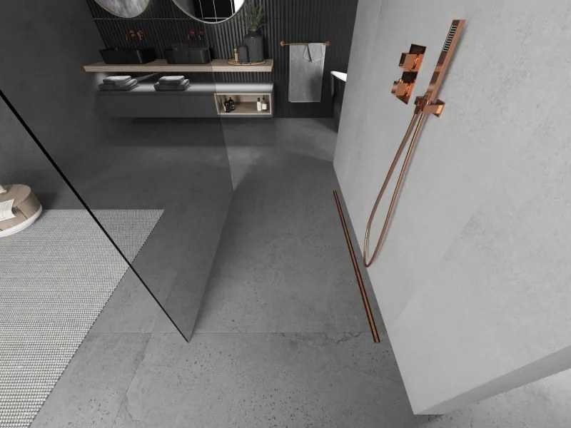 Mexen Kioto, průchozí sprchová zástěna 100 x 200 cm, 8mm čiré sklo, 2x růžové zlato stabilizační rozpěra, 800-100-002-60-00