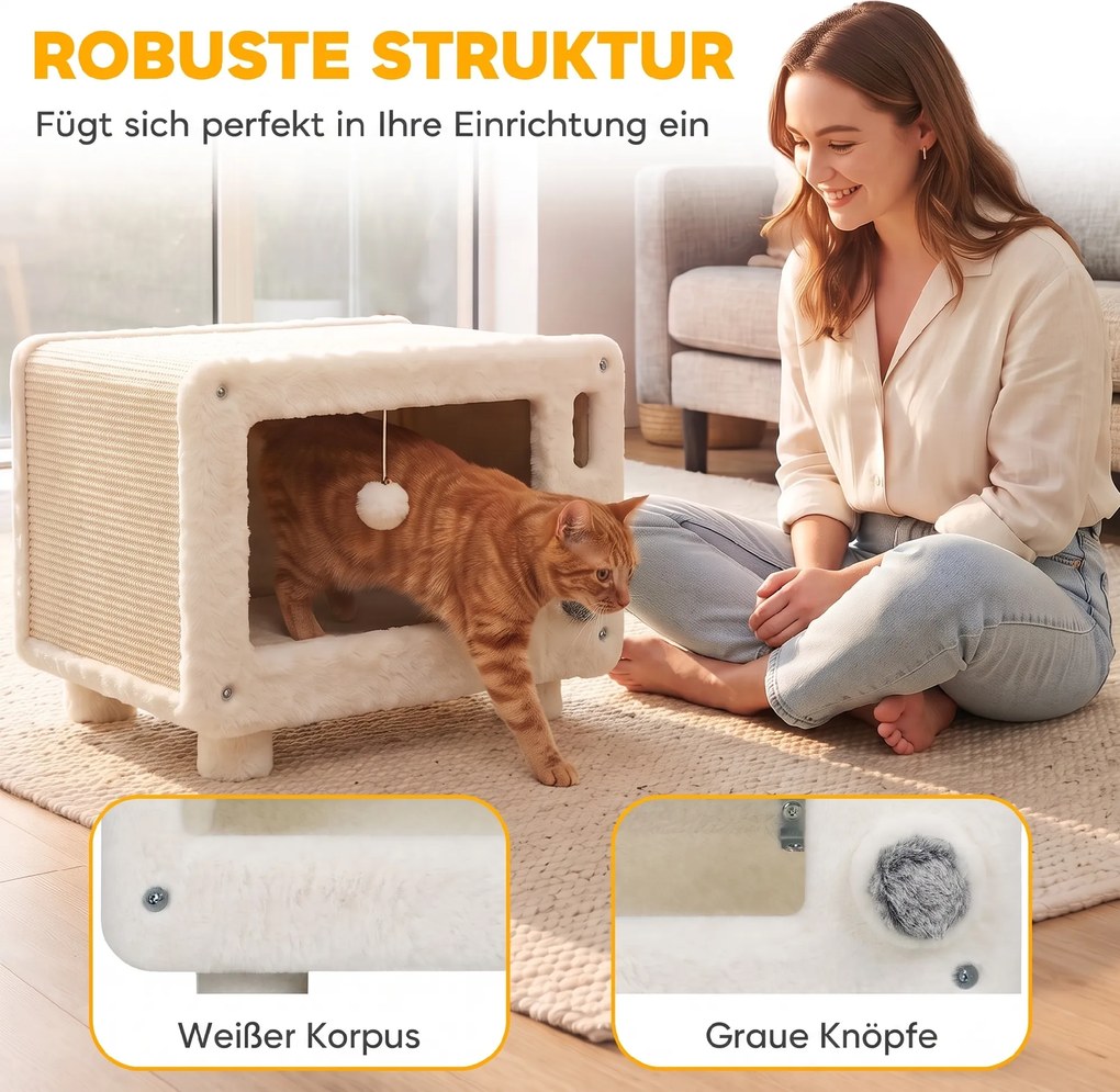 PawHut Kočičí dům ve stylu TV, kočičí jeskyně s houpací sítí a hracím míčkem, škrábací rohož z lnu, pro kočky do 7 kg, 50 x 33 x 42 cm