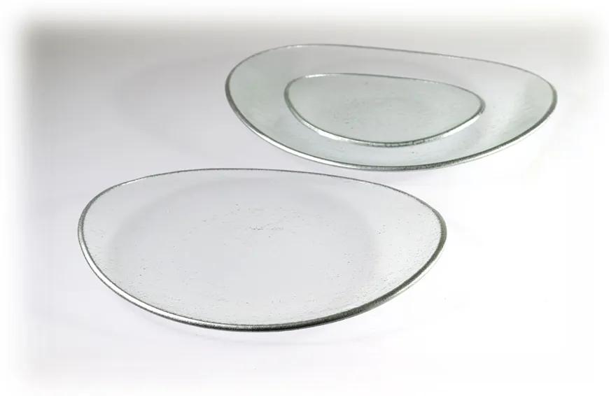 BDK-GLASS Skleněný oválný talíř OVAL ELLA čirý se stříbrným okrajem Rozměr: 30x23cm