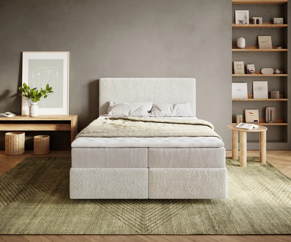 DELIFE Boxspring postel Dream-Well 140x200 cm bouclé krémovo-bílá s taštičkovou pružinovou matrací a visco topperem