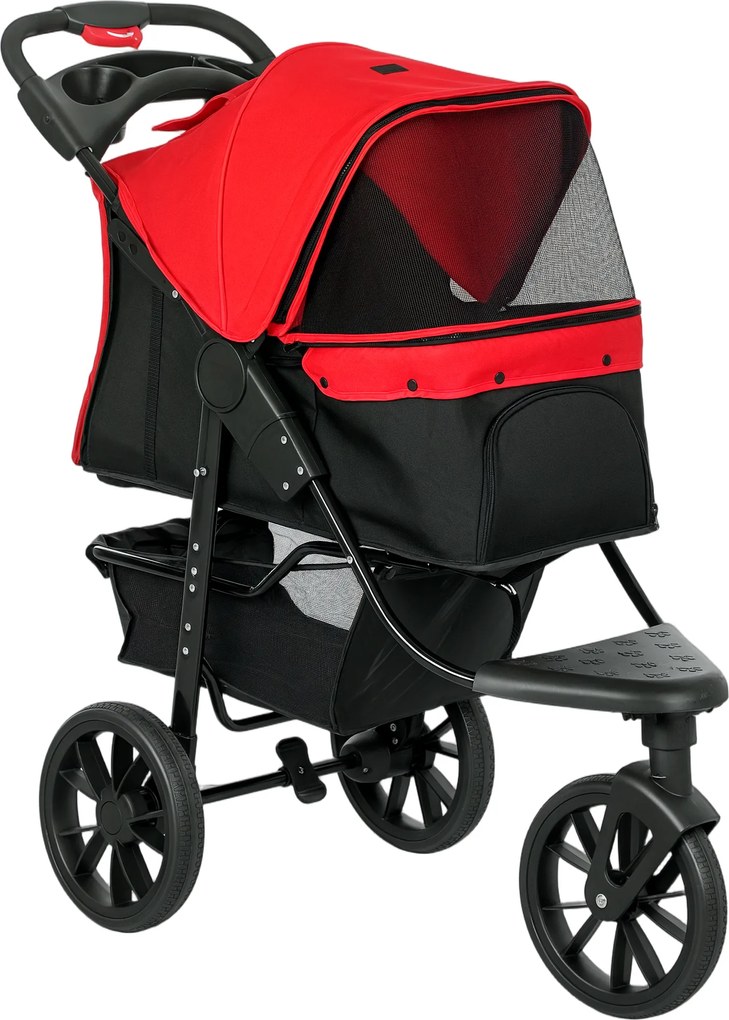Skládací kočárek pro psy Kočárek pro psy do 10 kg se 3 koly, síťovaná okénka Držák na pohár Úložný koš 109,5x57,5x106,5 cm Červený