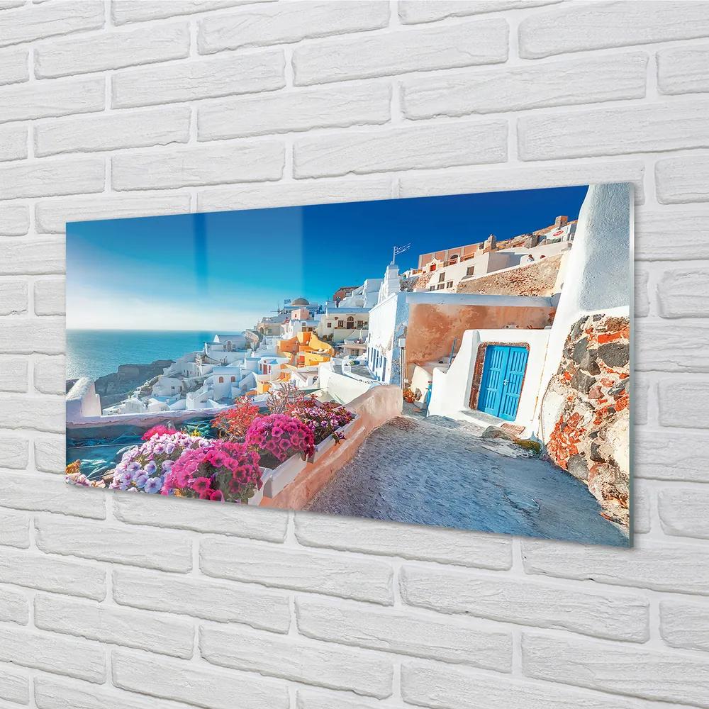akrylový obraz Budovy Řecko mořské květiny 125x50 cm