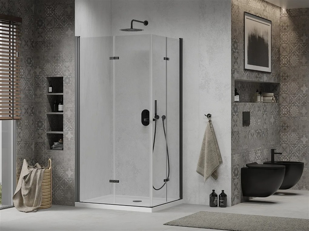 Mexen Lima Duo, sprchový kout s 2-křídlými skládacími dveřmi 80 (dveře) x 70 (dveře) cm, 6mm čiré sklo, černý profil + slim sprchová vanička 5cm bílá s černým sifonem, 856-080-070-70-02