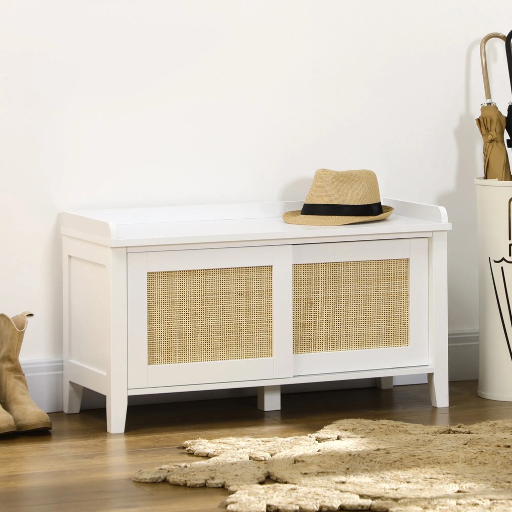 HOMCOM Botník se Sedadlem, Botový Kabinet se Sedací Ploché 2 Ratanové Dveře, Bohemian Styl, Nosnost 130 kg, pro Předsíň, 80x35x45 cm Bílá a Přírodní