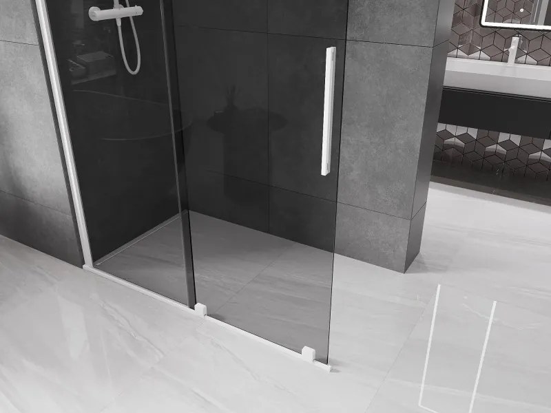 Mexen Velar, sprchová zástěna s posuvnými dveřmi Walk-in 160 x 200 cm, 8mm šedé sklo, bílá matná, 871-160-000-43-20