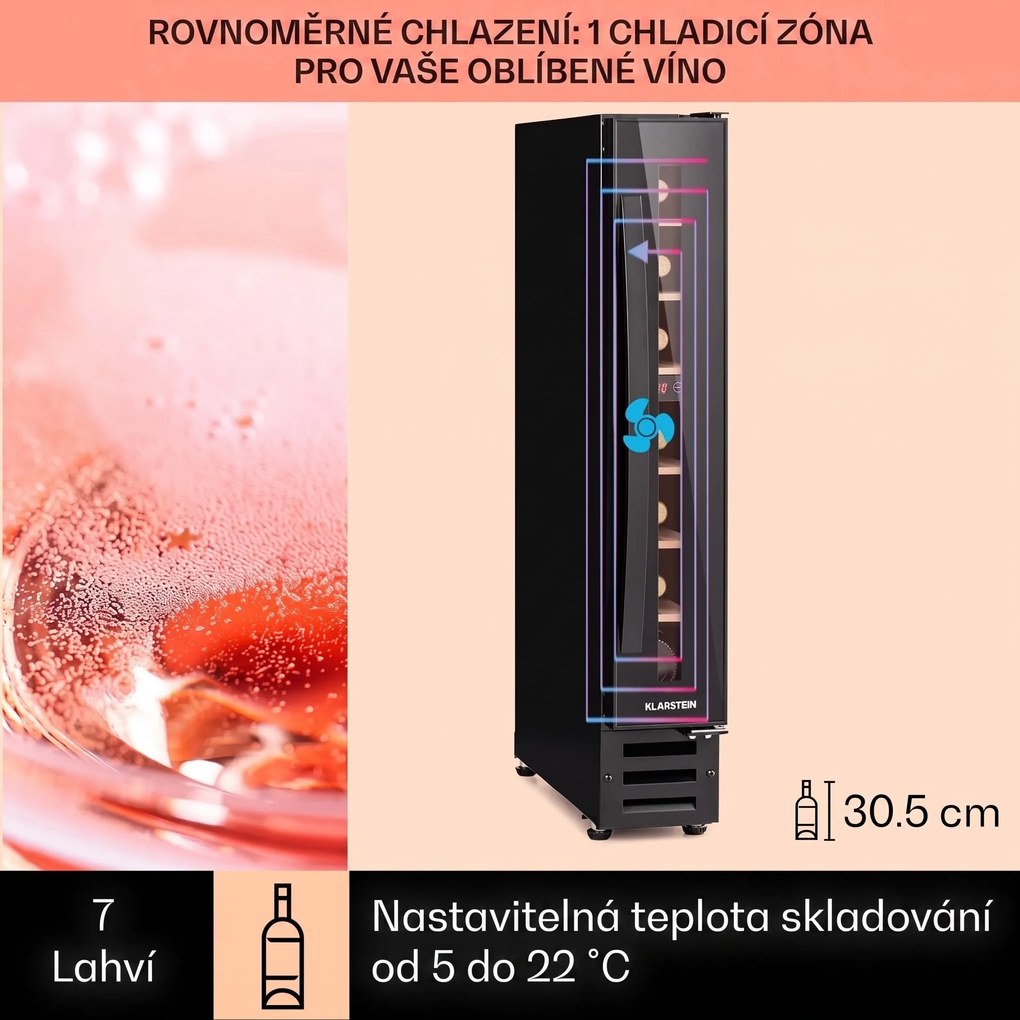 Klarstein Vinovilla 7 Uno Onyx, vestavná vinotéka, černé sklo, nerezová ocel