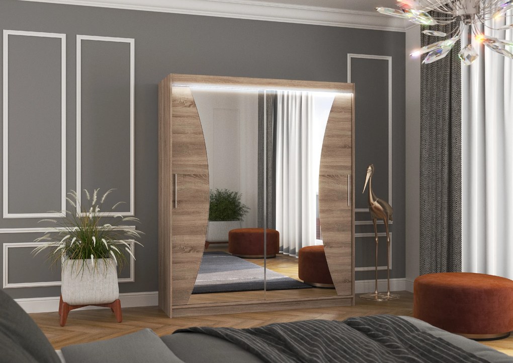 ADRK Furniture Posuvná skříň se zrcadlem a LED osvětlením CHARLOTTE 180 SW-CHA-T-180+L-V275