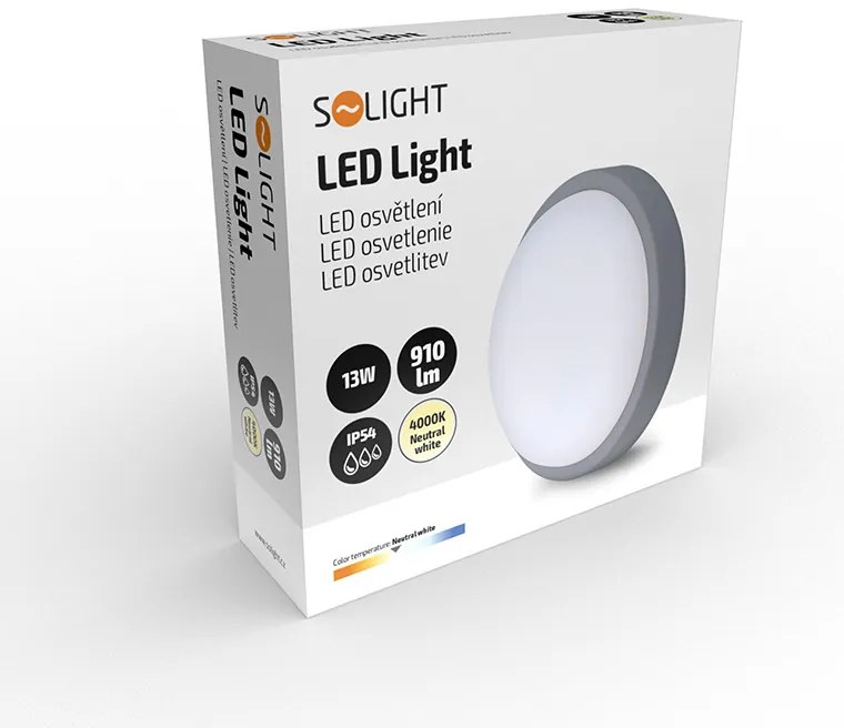 Solight LED venkovní osvětlení kulaté, 13W, 910lm, 4000K, IP54, 17cm, šedá barva