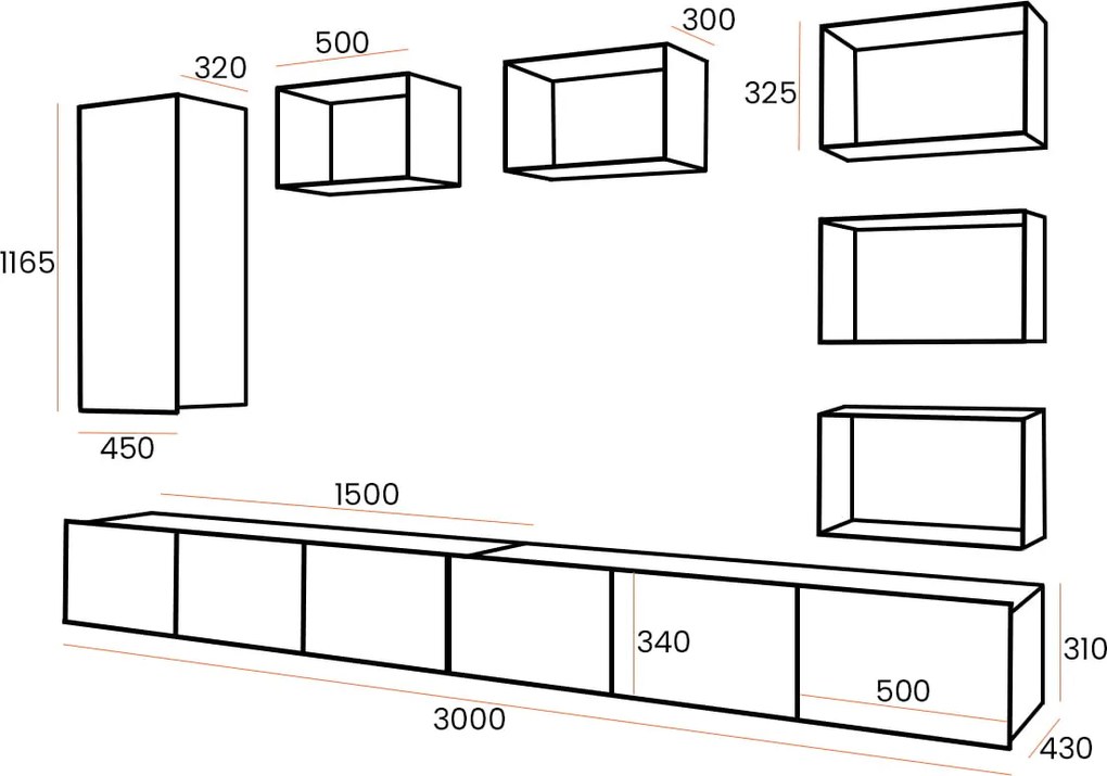 GAB Obývací stěna LORONA 37, Černá/Dub Artisan 300 cm