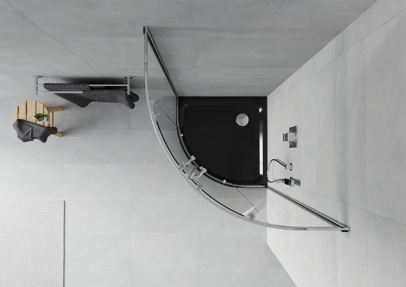 Mexen Rio, čtvrtkruhový sprchový kout 90 x 90 cm, 6mm čiré sklo, chromový profil + černá sprchová vanička, 863-090-090-01-00-4170