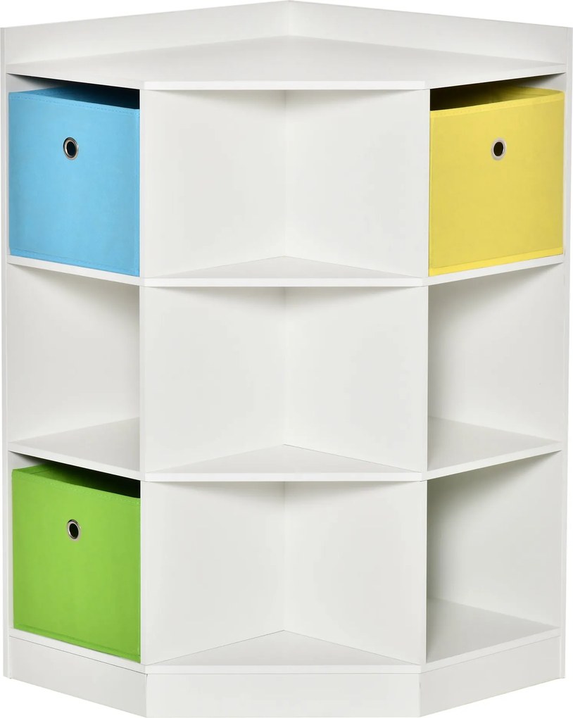 HOMCOM Dětské rohové police se 3 úložnými boxy pro děti ve věku 3-12 let Bílá 57,4 x 57,4 x 94 cm | Aosom